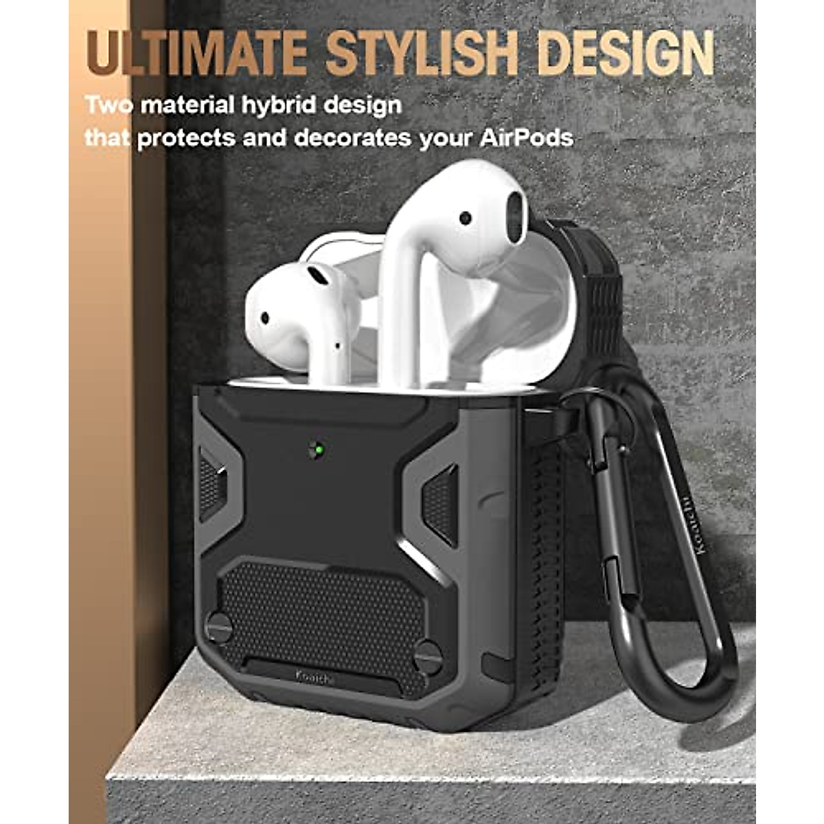 Koaichi Compatible with AirPods Case, Full-Body Rugged Hard Shell Protective Case Cover with Keychain Designed for AirPods 1st & 2nd, Black