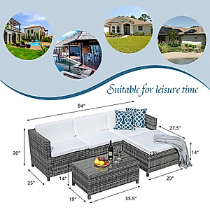 JOIVI Patio Furniture Sets, 5 Pieces All-Weather Outdoor Sectional Sofa Grey Wicker Rattan Patio Conversation Set with Ottoman, Washable White Cushions and 2 Blue Pillows