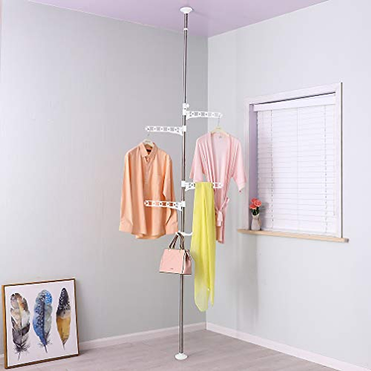 Hershii Portable Indoor Garment Coat Drying Rack Free Standing Coat Stands Clothes Storage Hanger Telescopic Tension Pole DIY Floor to Ceiling Lundry Racks Organizer, Height Adjustable - Ivory