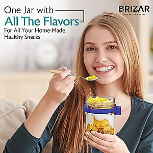 BRIZAR Glass Overnight Oats Containers with Lids - Airtight Overnight Oats Jars & Recipe Book - Overnight Oats Container for Food Storage, Oatmeal, Chia Pudding, Fruit, Yogurt - 2 Pack, 10 oz