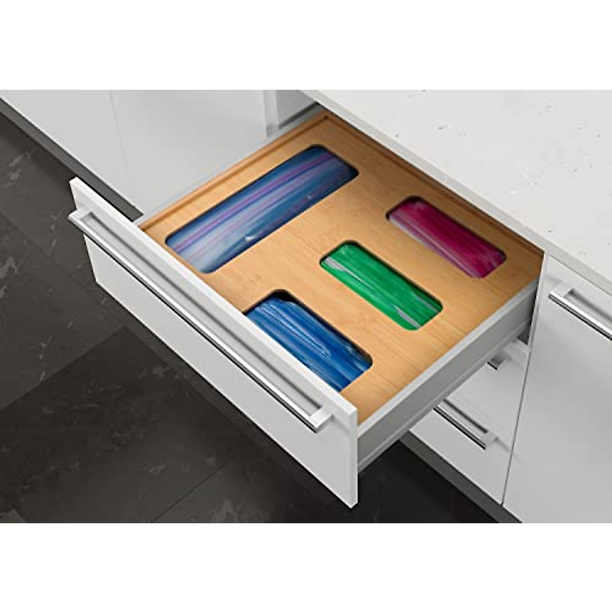 Bamboo Ziplock Bag Drawer Organizer Storage Box Baggie Holder for Kitchen Drawer or Wall Mount, Compatible with Gallon, Quart, Sandwich, And Snack Variety Size Bags, 1 Box 4 Slots