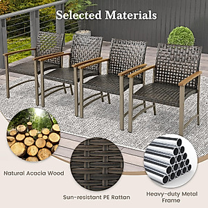 Tangkula Patio Dining Chairs Set of 4, Outdoor PE Wicker & Heavy-Duty Metal Chairs with Acacia Wood Armrests, Outdoor Rattan Armchairs for Garden, Backyard, Poolside, Balcony (Mix Brown)