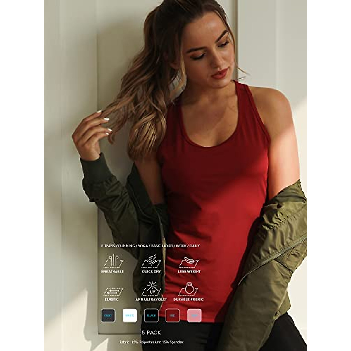 TELALEO 5-Pack Women's Workout Tank Tops, Athletic Racerback, Compression Dry Fit - Black/Grey/White/Red/Pink M