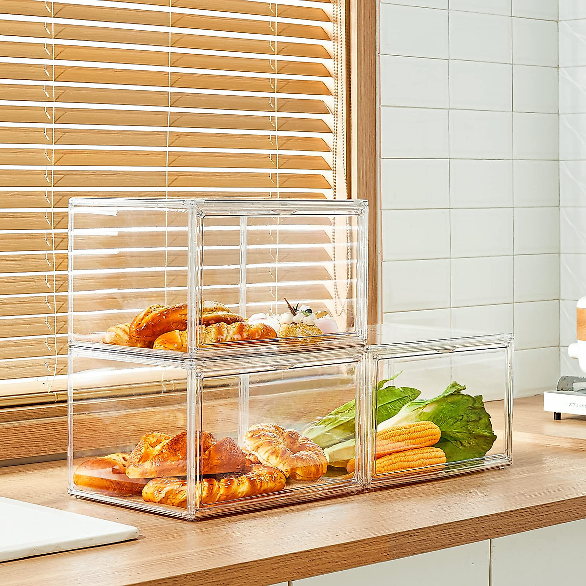 ORGIDOL Bread Box Clear 2 Packs Bread Box for Homemade Bread, Large Stackable Bread Storage Container with 50 Bread Papers, Kitchen Organizers and Storage, Bread Bin for Bread, Rolls, Muffin