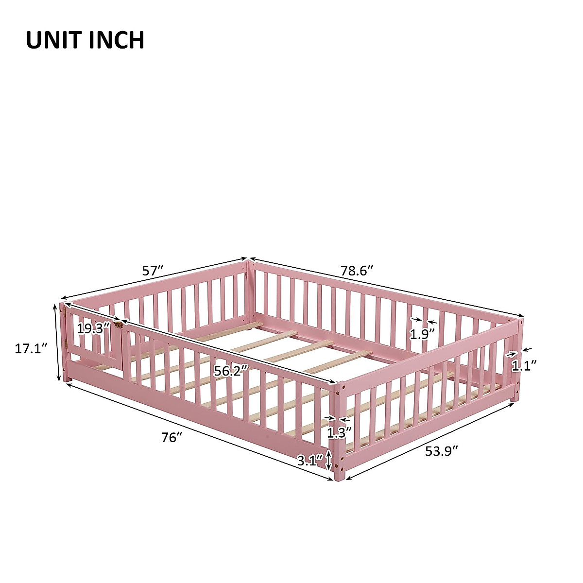 Harper & Bright Designs Full Size Floor Bed Montessori Bed Frame with Fence and Door, Wooden Full Platform Bed for Kids, Boys Girls, Slats Included, No Box Spring Needed (Full, Pink)
