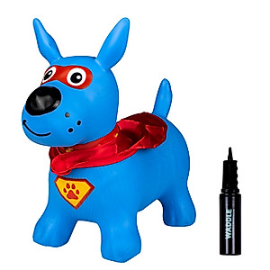 WADDLE Bouncy Hopper Inflatable Hopping Animal, Indoors and Outdoors Toy for Toddlers and Kids, Pump Included, Boys and Girls Ages 2 Years and U (Blue Super Hero Dog)