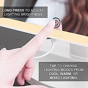 MIRRORVANA® X-Large Vanity Makeup Mirror with 44 LED Lights, 3 Color Lighting Modes, 10X 5X 3X Magnifying Panels, Dual Power Supply, 360° Rotation and Touch Screen Dimmer Switch on HD Glass (White)