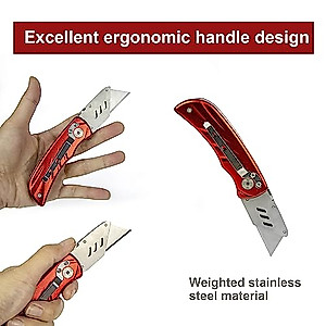 Folding Utility Knife/Box Cutter Stainless Steel with Clip + Nylon Pouch + 5 Extra SK5 Blades Red