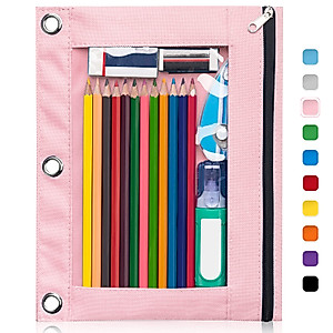 Forvencer Pencil Pouch for 3 Ring Binder, Binder Pencil Case with Smooth Zipper, Clear Window Pencil Case for Binder, Big Capacity 3 Ring Binder Pencil Bag with 3 Reinforced Grommets, Pink
