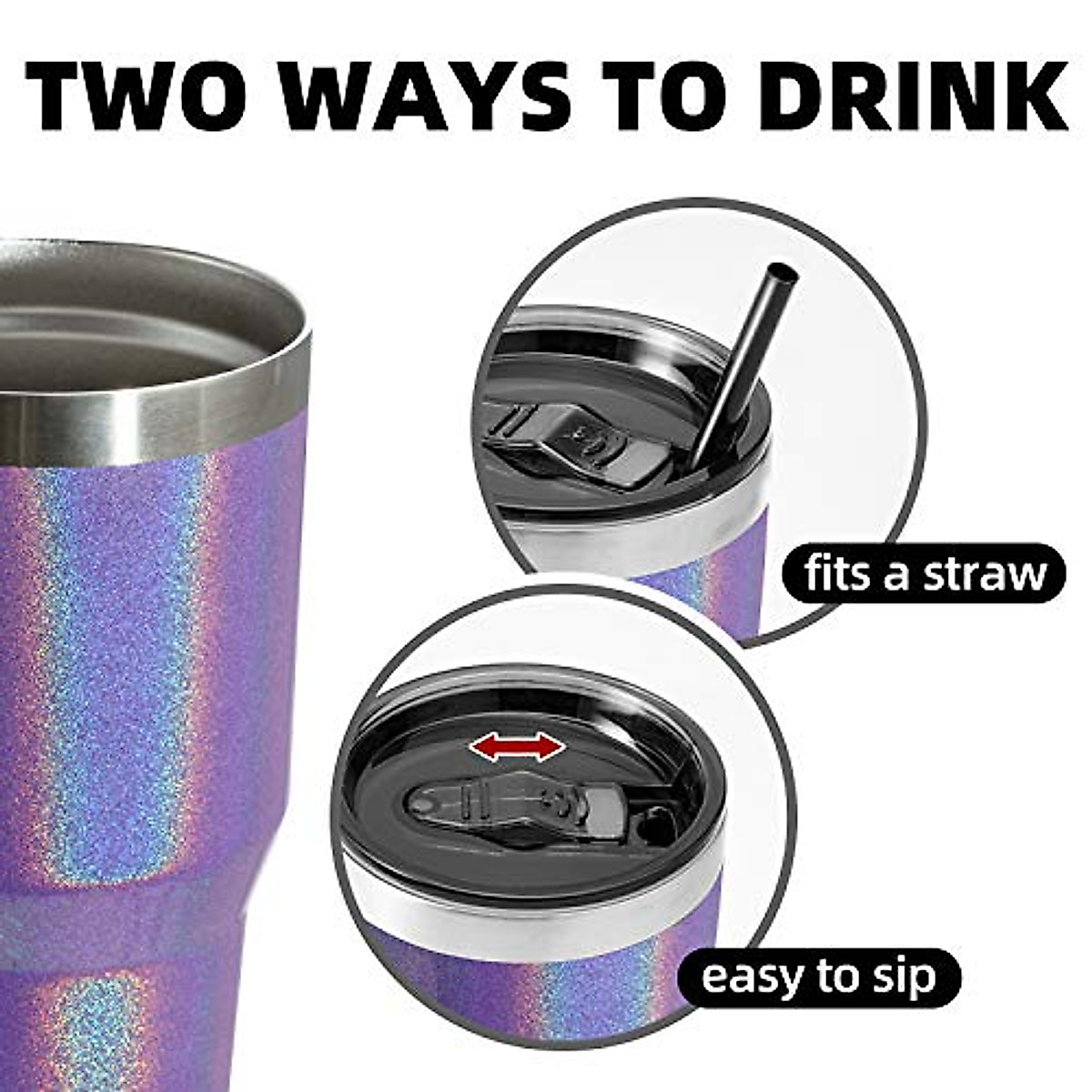 Zibtes 30oz Insulated Tumbler With Lid and Straws, Stainless Steel Double Vacuum Coffee Tumbler Cup, Powder Coated Travel Mug for Home, Office, Travel, Party (Glitter Purple 1 pack)