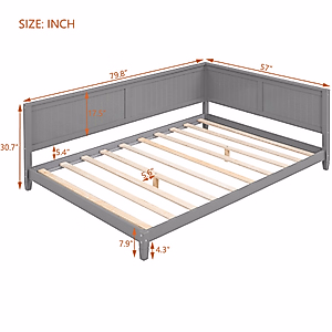 JINS&VICO Bed Frame, Daybed, Full Size Wood Day Bed, Mid-Century Modern DayBed with Wood Frame, Sofa Bed with Backrest and Armrest for Adults Boys and Girls, Load 600 LBS, Gray