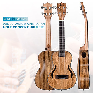 WINZZ AU88LAB Walnut Concert Ukulele Side Sound Hole Arched Back with Online Lessons, Gig Bag, Strap, Capo, Wall Hanger, 23 Inches