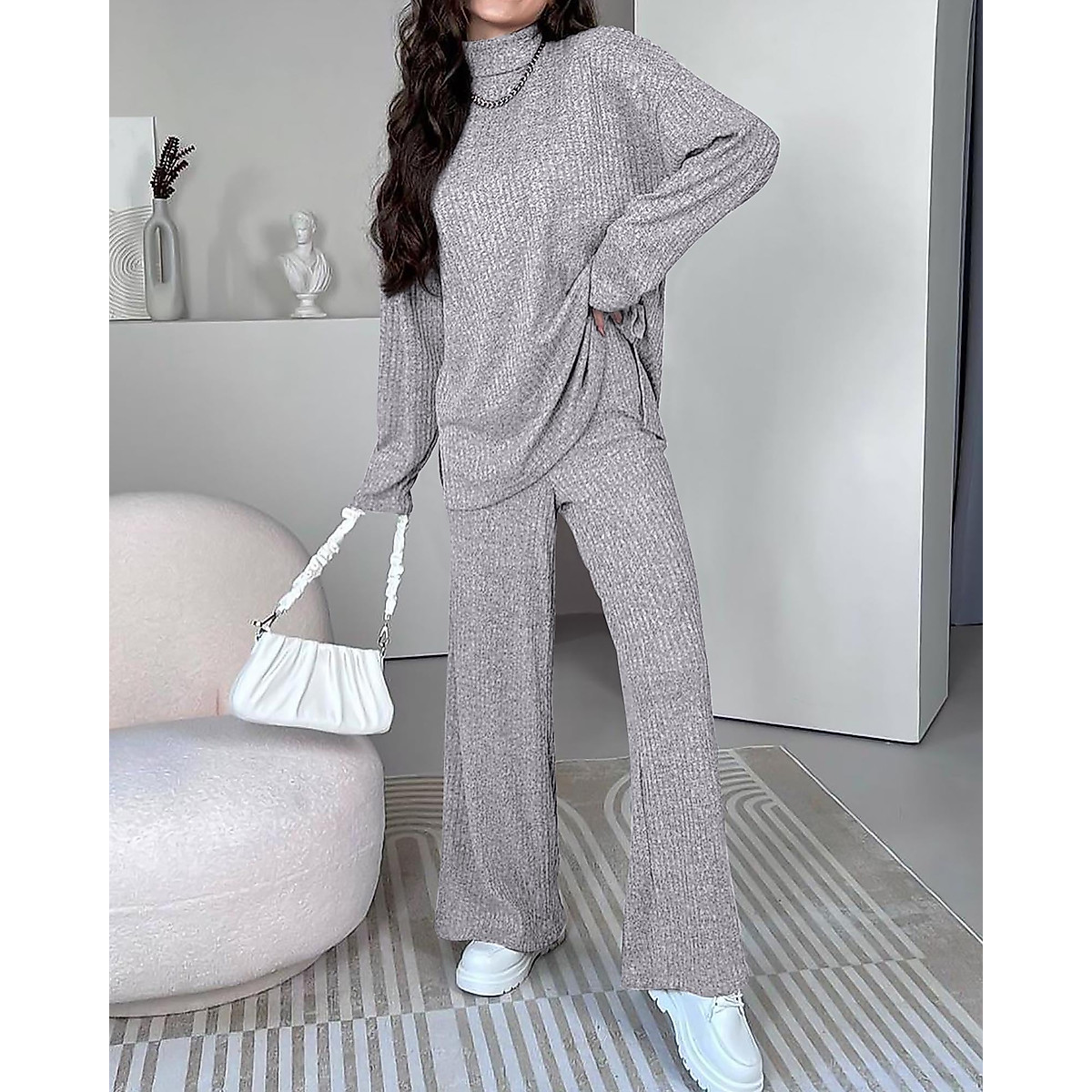 KIRUNDO Track Suits For Women Set Lounge Set Casual Long Sleeve Knitted Tops Long Pants Sweat Set Trendy Fall Clothes Casual Outfits(Grey, Small)