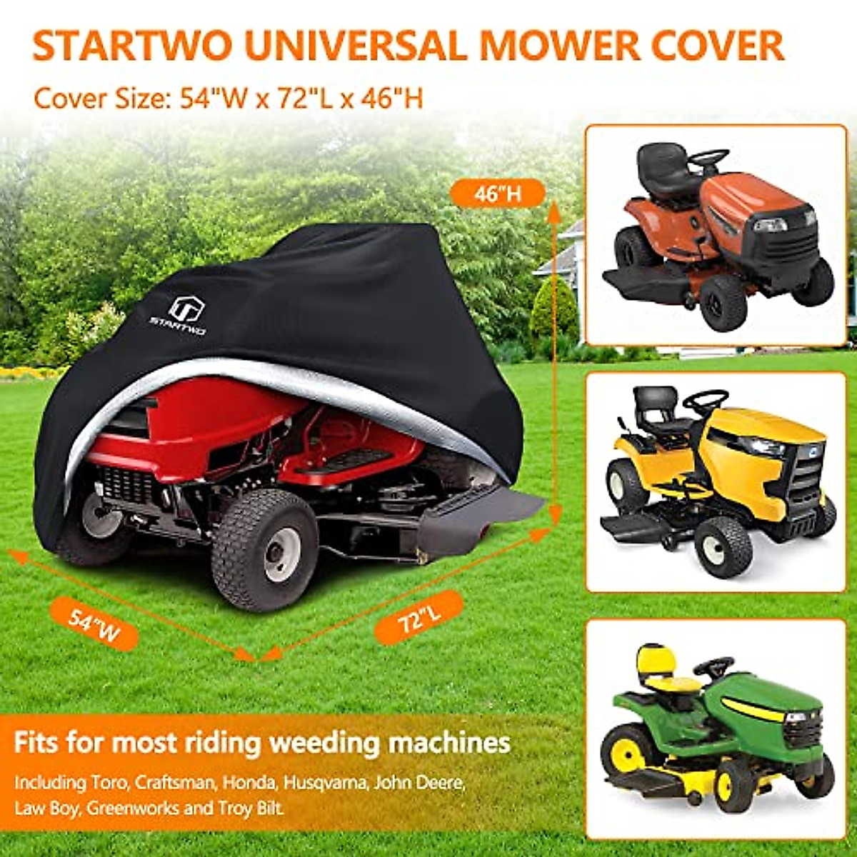 STARTWO Lawn Mower Cover, Heavy Duty Waterproof Riding Lawn Mower Cover, Fits Decks up to 54" Tractor Cover with Drawstring and Storage Bag, All Weather Protection, Rip Resistant Fade Resistant, Black