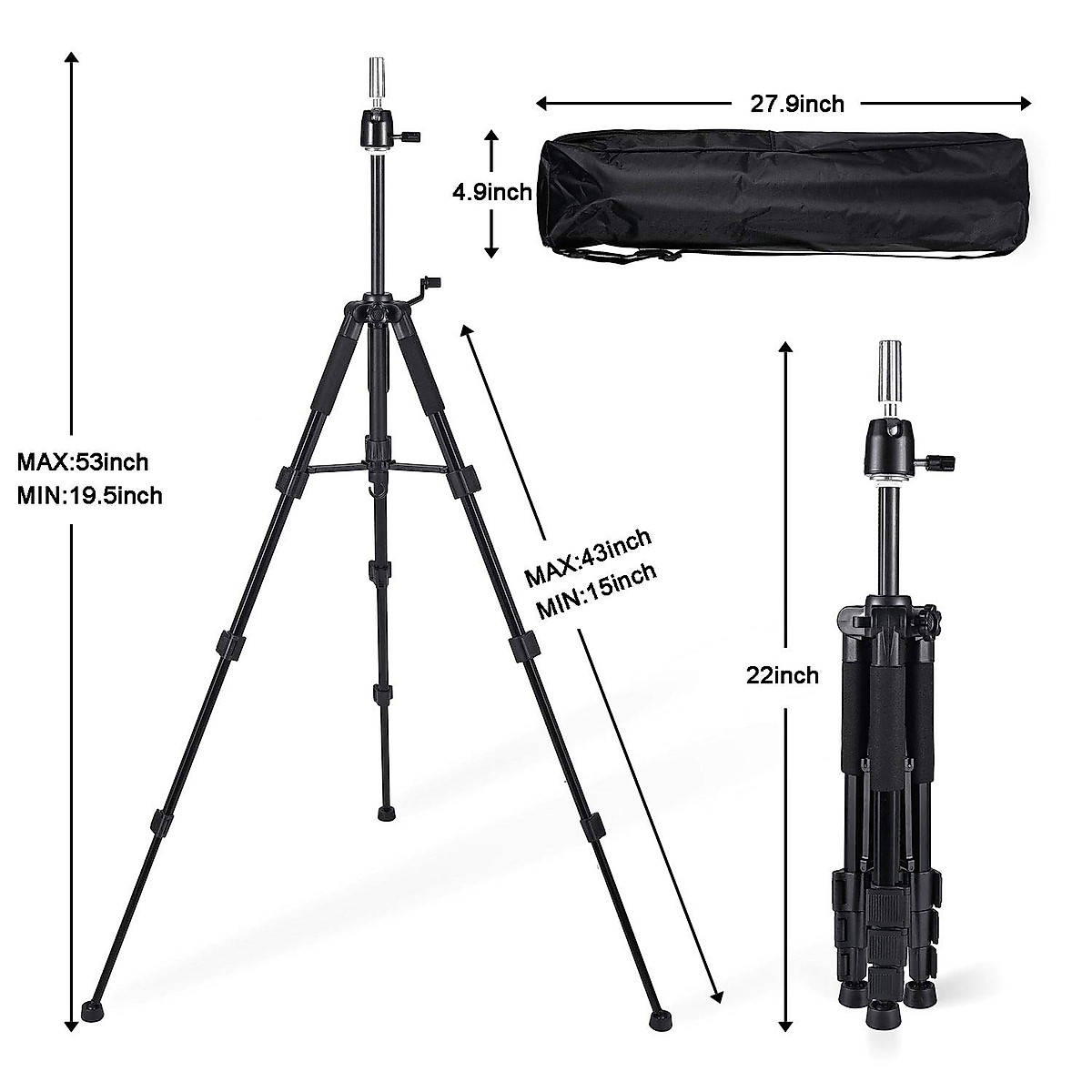 QISHI YUHUA Wig Stand Tripod with Non-Slip Base Adjustable Mannequin Head Stand with Hook Heavy Duty Manikin Head Tripod