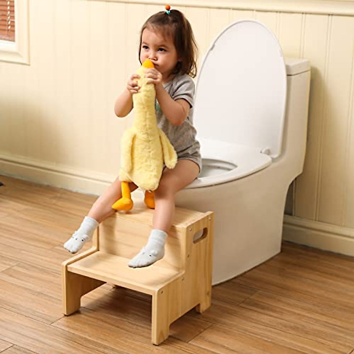 Toddler Wooden Step Stool for Kids Bathroom Potty Training and Reaching High, 2 Step-up Seat Ladder, Solid Wood Structure of Strong Durability, Natural Wood
