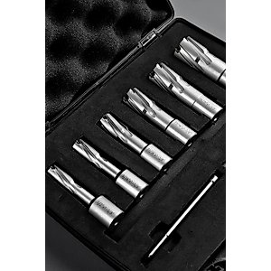Annular Cutter Set Carbide 8pcs JESTUOUS 3/4 Inch Weldon Shank 1-3/8 Cutting Depth and Cutting Diameter from 1/2 to 1-1/16 Two Flat TCT Bit for Drill Press with 2 Pilot Pins