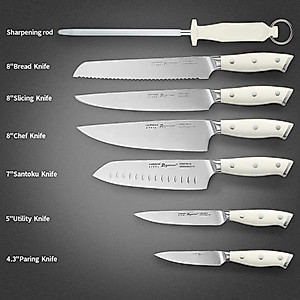 ROMANTICIST 16-Piece German Stainless Steel Sturdy Durable Kitchen Knives, Razor Sharp,Knife Set with Block,Cutting Board and Knife Sharpner, White