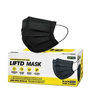 [Made in Korea] LIFT’D 3Layer BLACK Disposable Face Masks Super Lightweight Odorless NonSkin Irritation NonWoven Fabric Breathable Comfortable Elastic Ear loop 3Layer Filter Protection 50 Masks