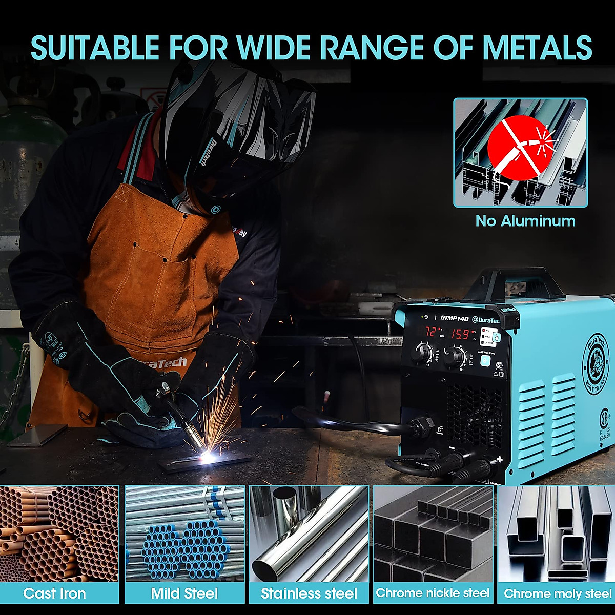 DURATECH 140Amp MIG Welder, 120V Flux Core Welder MIG/Lift TIG/Stick 3-in-1Welding Kit with Cold Wire Feed, Welding Gun and 15A to 20A Plug Adapter, Portable Smart Welding Machine IGBT Inverter Welder