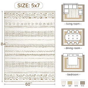 Large Living Room Area Rug 5x7: Soft Machine Washable Boho Moroccan Farmhouse Rugs for Bedroom Under Dining Table - Non-Slip Neutral Morden Indoor Floor Carpet for Home Office - Brown/Cream