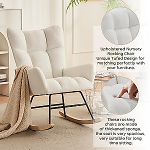 Sudwesto Modern Nursery Rocking Chair, Upholstered Glider Chair with High Backrest, Rocker Accent Armchair with Solid Wood Legs for Nursery Bedroom Living Room (Cold White Teddy)