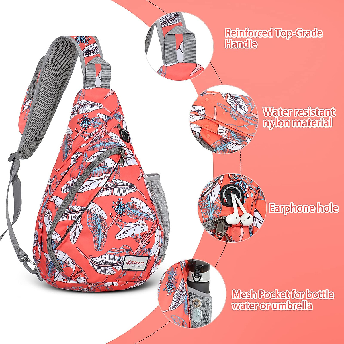 ZOMAKE Sling Bag for Women Men:Small Crossbody Sling Backpack - Mini Water Resistant Shoulder Bag Anti Thief Chest Bag Daypack for Travel Hiking Sports (Orange White Leaf)