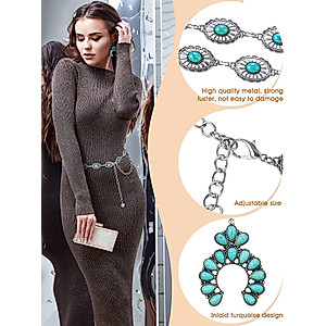 Glenmal Western Concho Chain Belt Turquoise Earrings Set Western Waist Belts Bohemian Turquoise Earrings for Women Men(Noble Style)