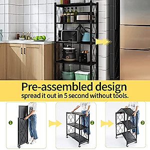 Mochubang Foldable Storage Shelves Unit, 5 Tier Folding Shelf Steel Shelving Rack with Wheels for Mobile Storage in Kitchen, Warehouse, Closet, Patio, Pantry, No Assembly, 1250 lbs Capacity, Black