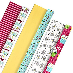 Hallmark Reversible Wrapping Paper Bundle (3 Rolls - 75 sq. ft. ttl: "Happy Birthday," Cupcakes, Stripes, Flowers, Polka Dots) in Yellow, Pink, Teal Blue, Black and White for Baby, Bridal, Birthdays