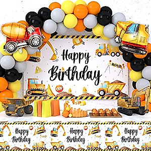 Construction Birthday Party Decorations Supplies, Construction Theme Tablecloth Backdrop, 2 Foil Balloons, Balloon garland Party Decor for Kids Boys