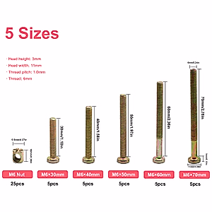 M6 Baby Crib Bolts Replacement Kit, cSeao 50pcs M6x30mm/ 40mm/ 50mm/ 60mm/ 70mm Zinc Plated Socket Cap Screw Kit for Chairs Bunkbed Cot Furniture