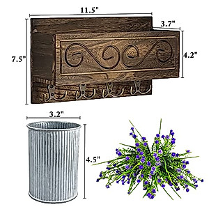 Key and Mail Holder for Wall Mounted with Purple Decorative Flowers, Large Wooden Mail Box with Wave Carving Pattern, 4 Double Metal Key Hooks, Rustic Decor Wall Mount Organizer for Entry