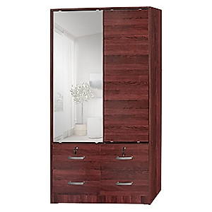 Better Home Products Sarah Double Sliding Door Armoire with Mirror in Mahogany