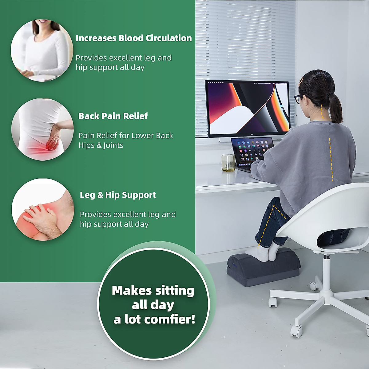 Bejibear Ergonomic Foot Rest for Under Desk at Work, Comfortable Foot Stool with 2 Adjustable Heights, Suitable for Office, Home and Car Footrest, Grey