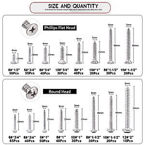 Hilitchi 570 Piece M 3 4 5 6 Stainless Steel Phillips Round Flat Head Self Tapping Screw Assortment Kit