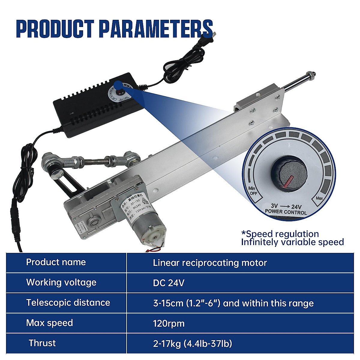 CNCTOPBAOS Reciprocating Linear Actuator Stroke 6 Inch 1.18"-6",Adjustable Telescopic Rocker Arm Mechanism Gear Motor DC24V Speed Regulation Adapter 120RPM 3-15CM