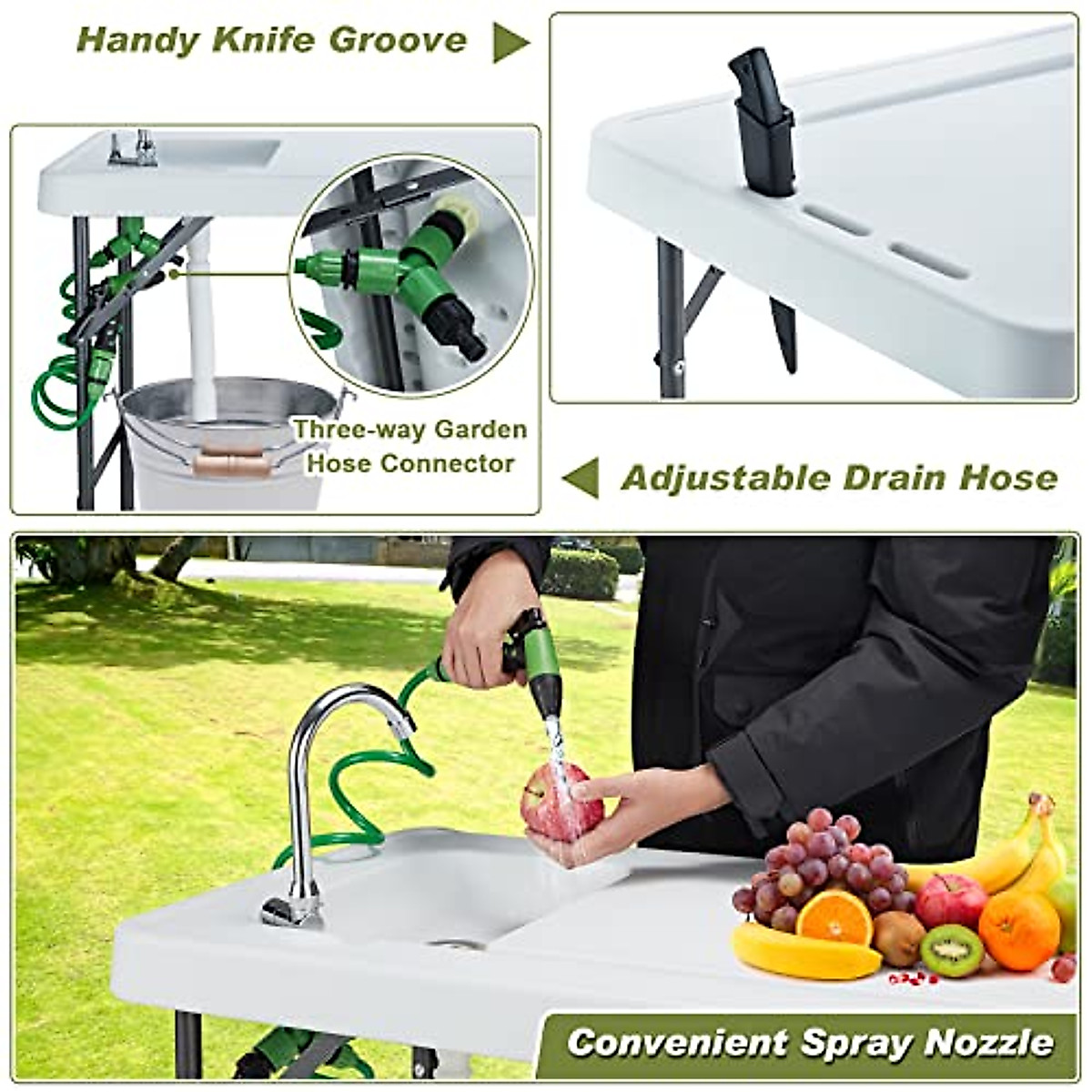 Avocahom Folding Fish Cleaning Table Portable Camping Sink with Faucet Drainage Hose & Sprayer Outdoor Fillet Station Grid Rack Knife Groove for Picnic Fishing, Black