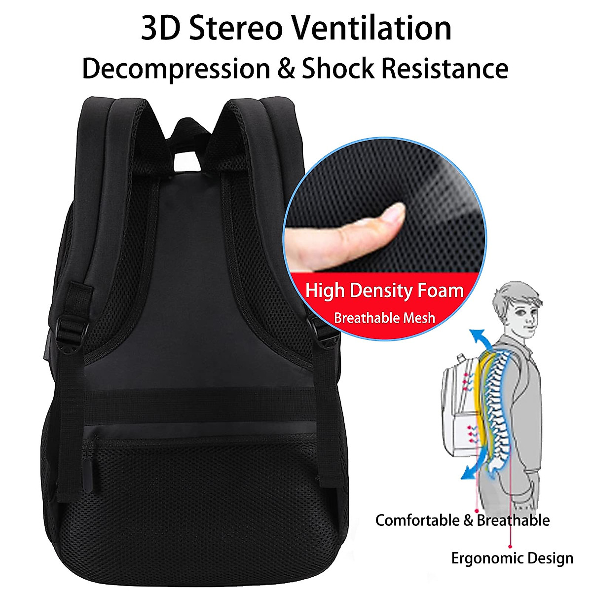 Vaupan Travel Backpack, Black Laptop Backpack with USB Charging Headphone Port for Men Womens Boys Girls, Anti Theft Water Resistant College School Bookbag Computer Backpack Fits 15.6 Inch Notebook