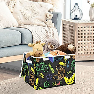 DOMIKING Joysticks Video Game Large Storage Bin with Lid Collapsible Shelf Baskets Box with Handles Organizing Container for Shelves Cabinet Nursery Drawer