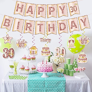 30th Birthday Decorations for Women, Rose Gold 30th Birthday Decorations Includes 30th Birthday Banner and Hanging Swirls for Women, 30th Birthday Party Supplies 17PCS