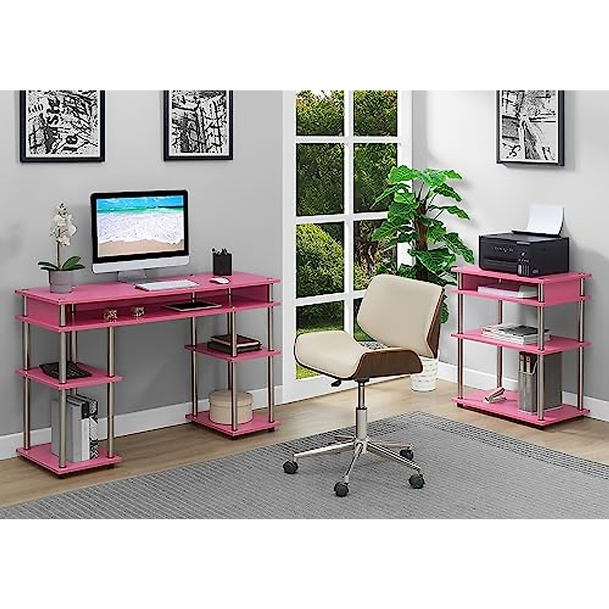 Convenience Concepts Designs2Go Tools Shelves 23.75"-Contemporary Modern Storage Printer Stand for Office Organization, Pink/Chrome