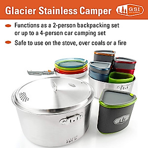 GSI Outdoors Glacier Stainless Camper 4 Person Packable Cookware & Dinnerware Set for Camping or Backpacking