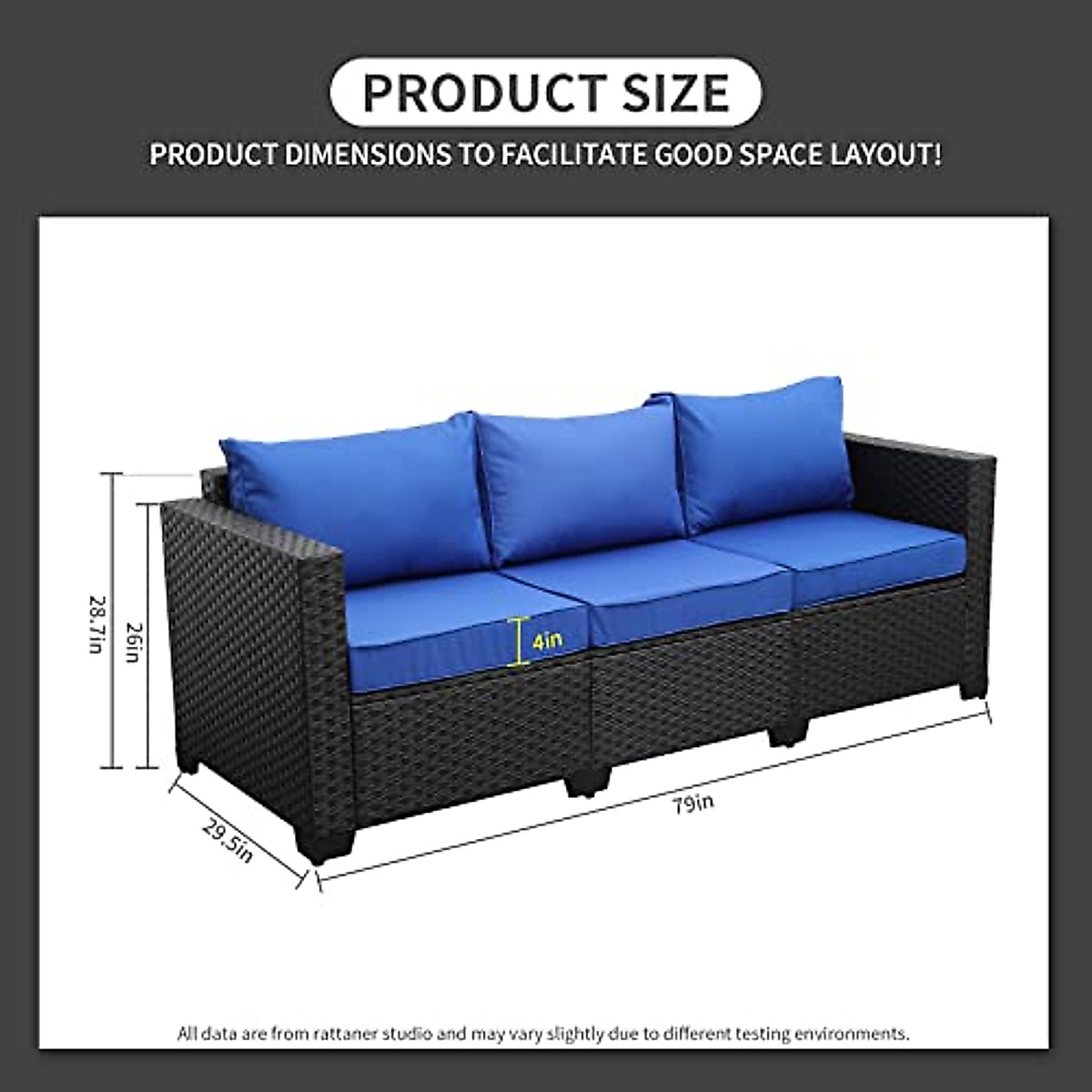 Outdoor Wicker Sofa Patio Rattan Garden Conversation Couch Furniture with Royal Blue Anti-Slip Cushions and Furniture Cover