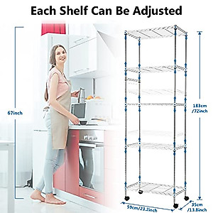 BATHWA 5-Shelf Wire Shelving Units, Sturdy Metal Shelf Chrome Organizer Wire Rack with 360° Wheels, Adjustable Utility Storage Shelves for Garage, Kitchen, Living Room, Bathroom, 23.2L x 13.8W x 72H