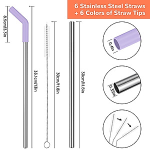 Tomorotec 40oz Straws, 13 Inch Stainless Steel Straw with Silicone Extender Tip for Stanley Adventure Quencher Tumbler 6-Pack with 2 Brushes, 0.35" Diameter Straws Food Grade BPA-Free Colorful Set