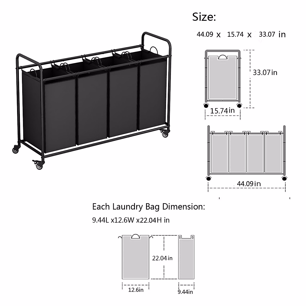 LINZINAR 4 Bag Laundry Basket Sorter Laundry Hamper Cart with Heavy Duty Rolling Lockable Wheels and Removable Bags,Black