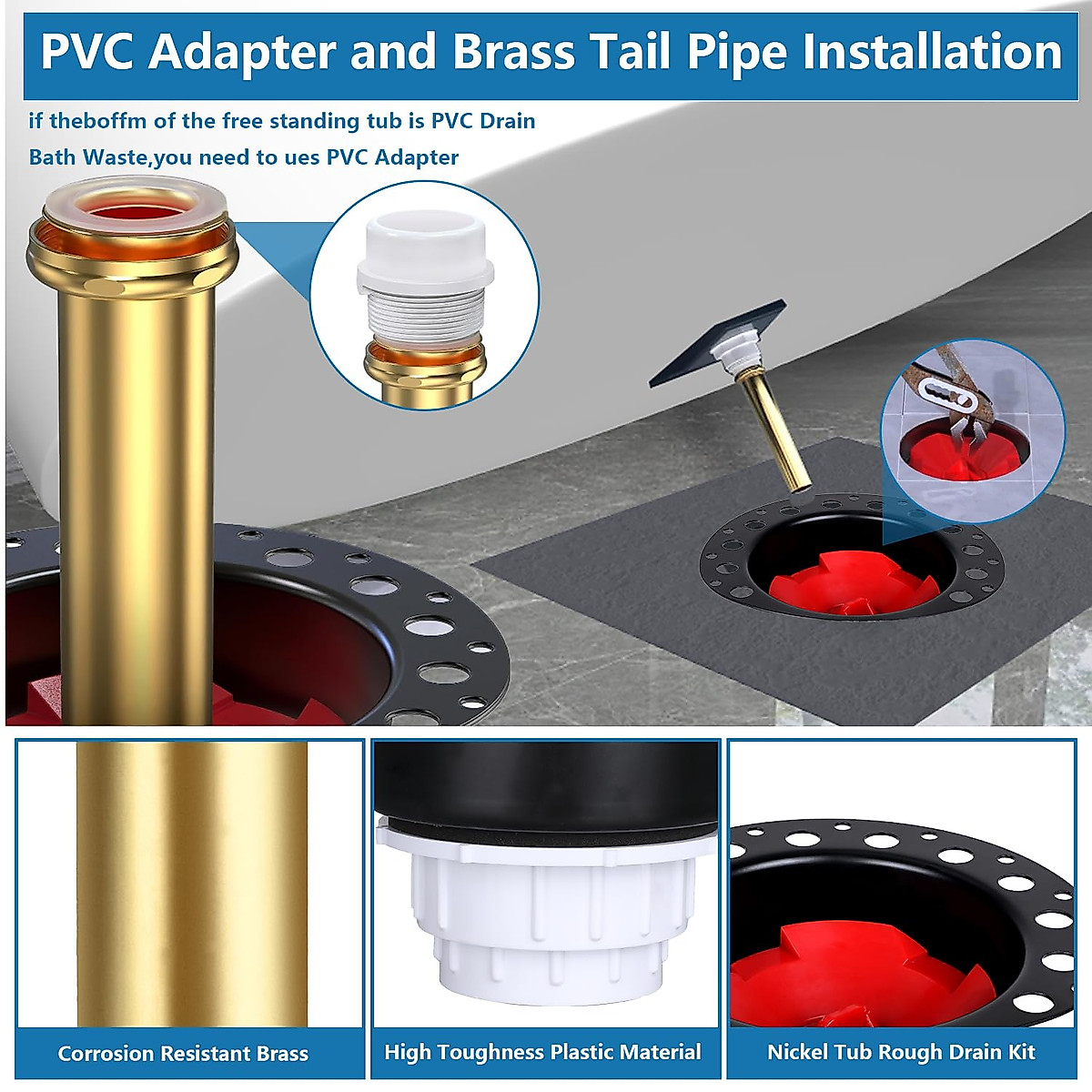 Freestanding Tub Drain Rough-in kit,Bathtub Drain Kit with Brass Tailpiece and PVC Adapter,Compatible with Freestanding Bathtub, Floor Mounted Bathtub and Copper Bathtub (PVC, White)