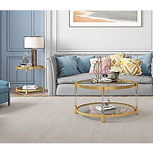 OIOG 2 Tier Coffee Table with Acrylic Legs，32.3" Wide Round Coffee Table with Glass Top, Modern Center Table for Living Room, Studio Apartment，Glass/Gold