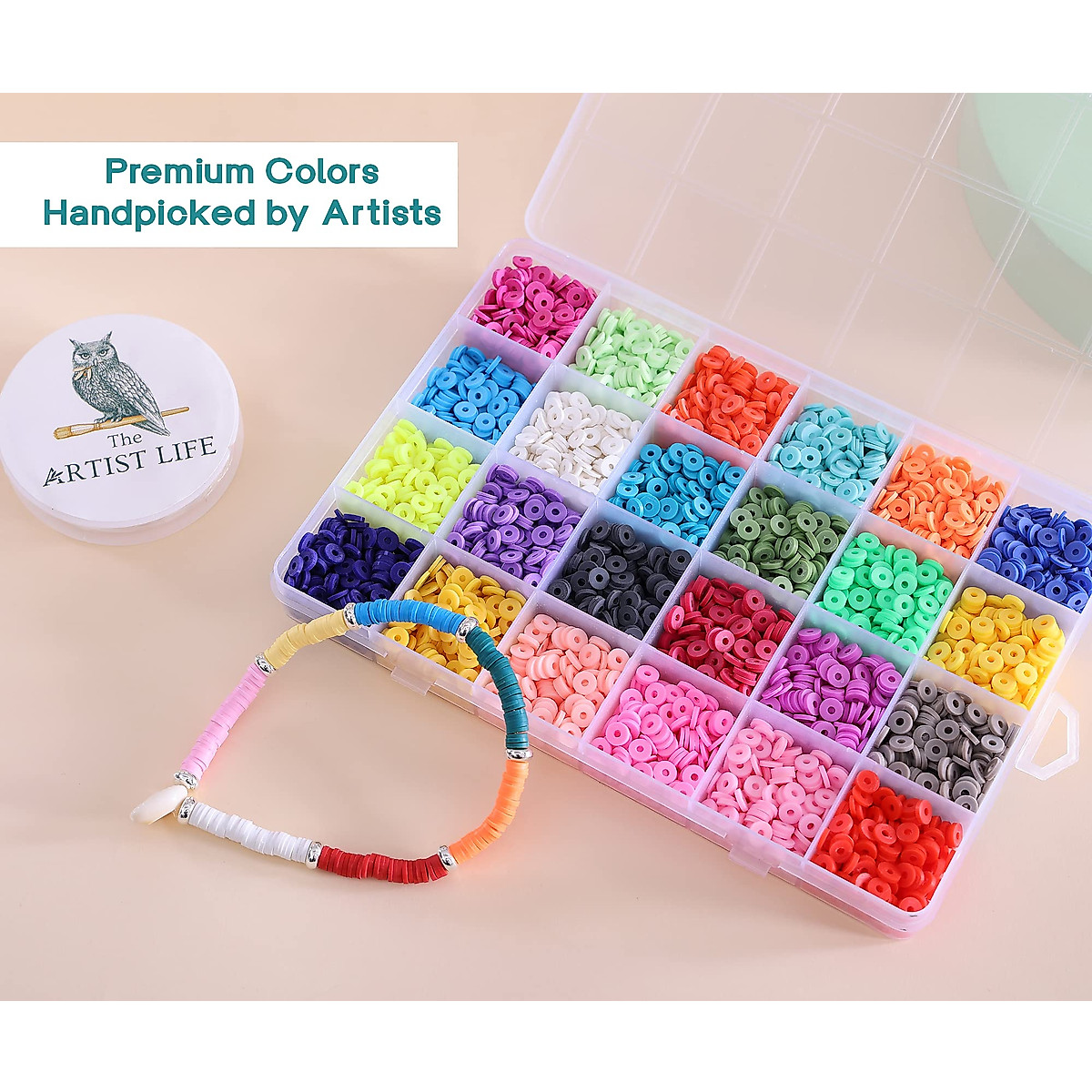 The Artist Life 6000 Clay Heishi Beads Bracelet Making Kit, 24 Colors with 1000+ Letters & Decorative Beads, 6mm Flat Polymer Clay Beads, DIY Jewelry Making Kit, Craft Kit, Bracelets, Necklaces